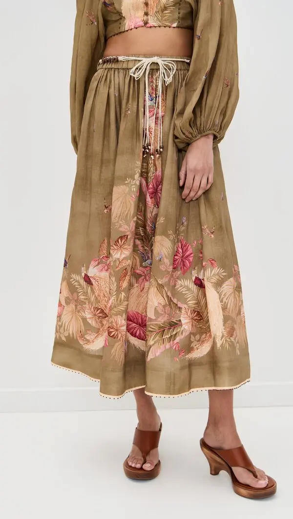 Zimmermann Ascension Midi Skirt - Khaki Palm Floral